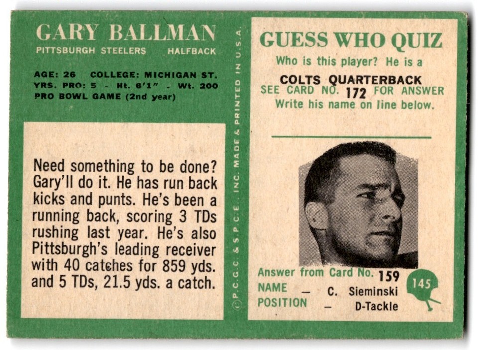 1966 Philadelphia Gary Ballman Pittsburgh Steelers #145 | eBay