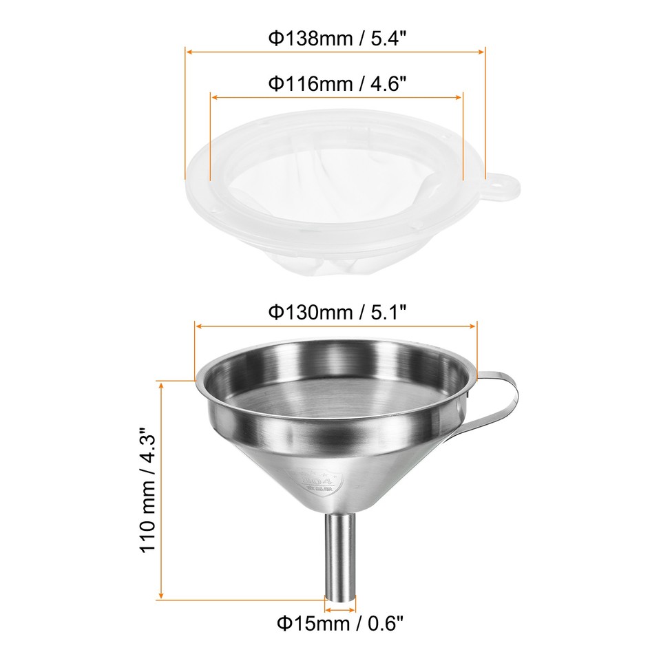 5.1" Dia Stainless Steel Kitchen Funnel with 400 Mesh Strainer White ...