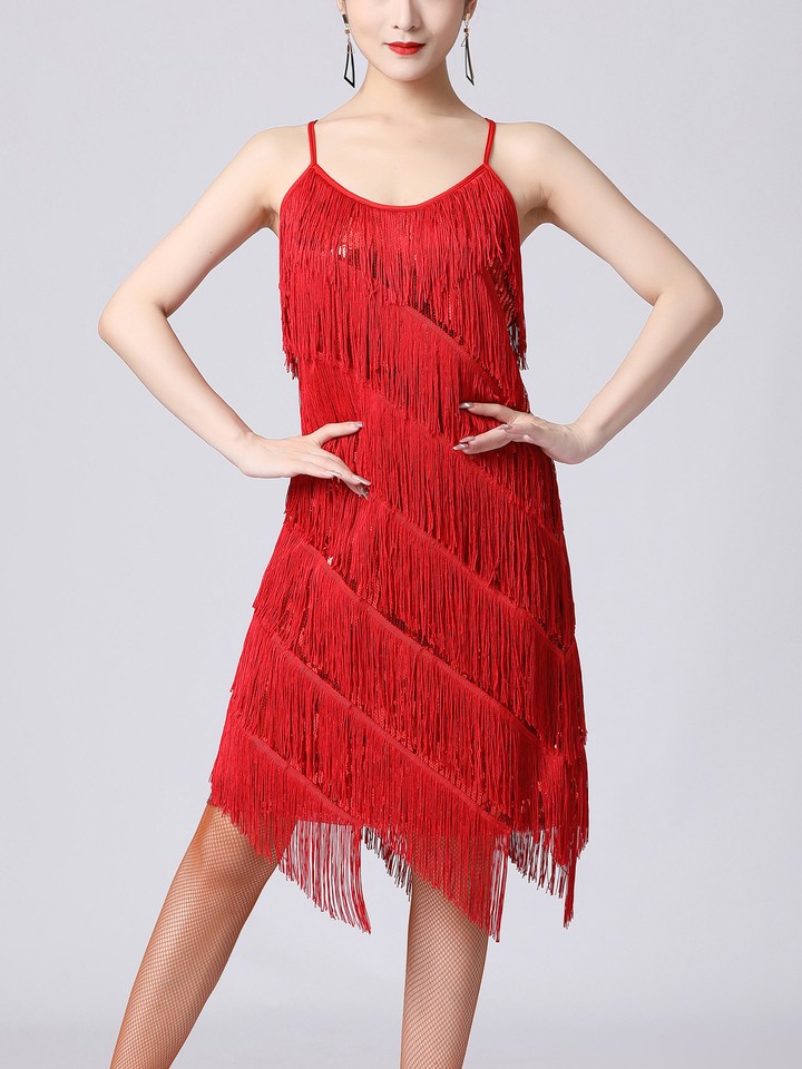 Women Sequins Fringe Tassel Flapper Dress Samba Chacha Tango Latin ...
