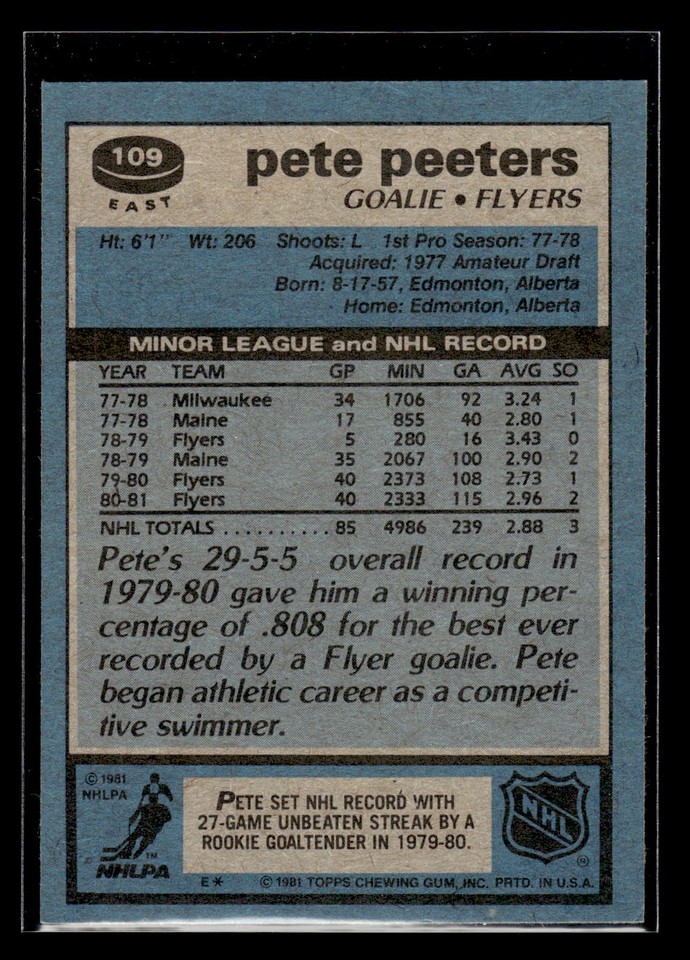 1981-82 Topps Hockey #E109 Pete Peeters "Set Break" Mint+ Philadelphia ...