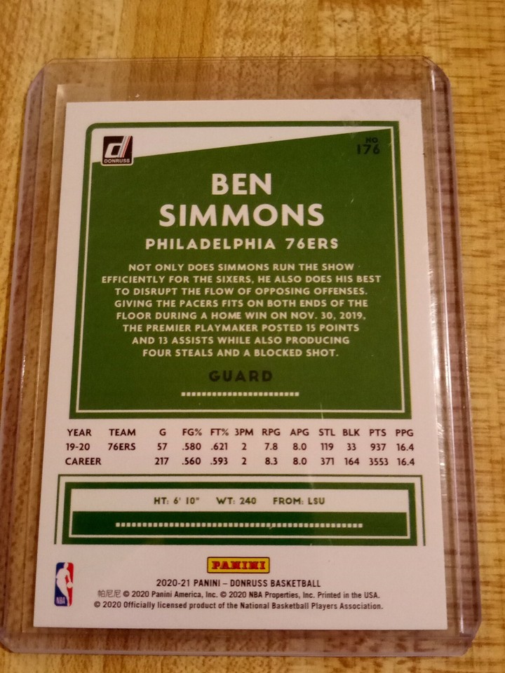 2020-21 BEN SIMMONS DONRUSS #176 BLUE LASER LAZER SP #D/49 CARD ...