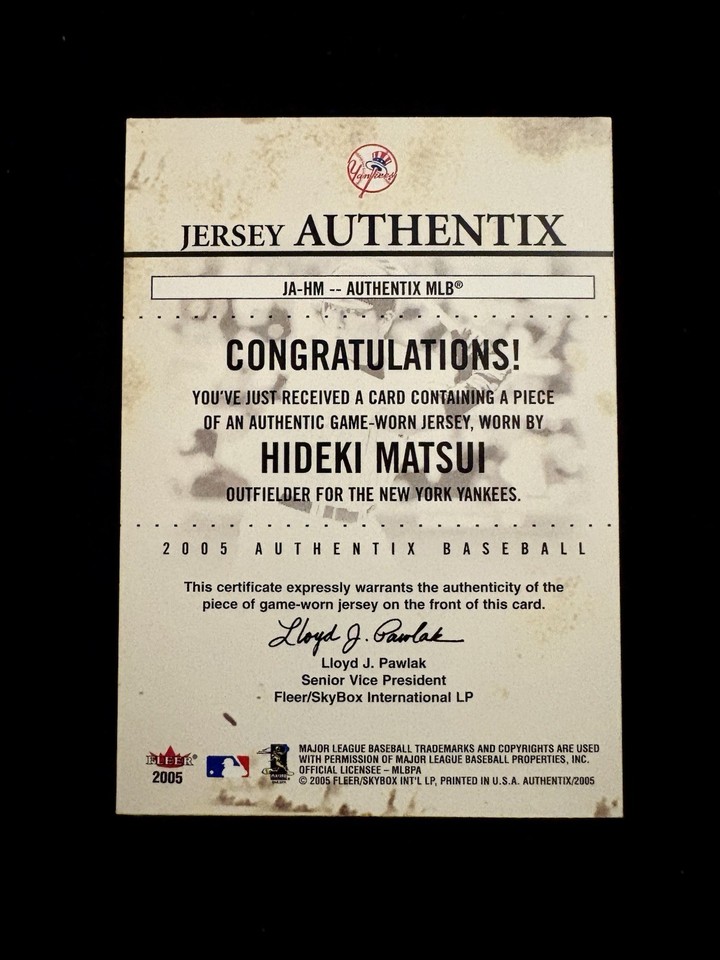 2005 Fleer Authentix Jersey Authentix Hideki Matsui Game-Worn Mem/Patch ...