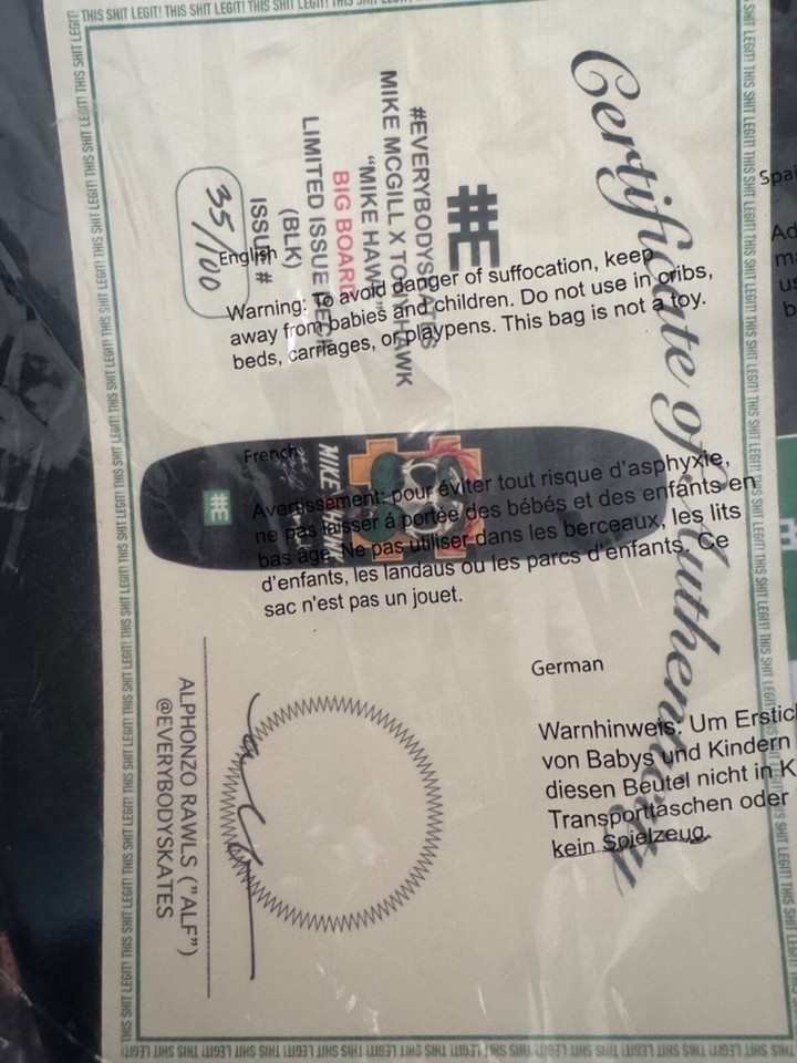 BIGBOARD 40” Tony Hawk Mike McGill “Mike Hawk” Skateboard Signed Black ...