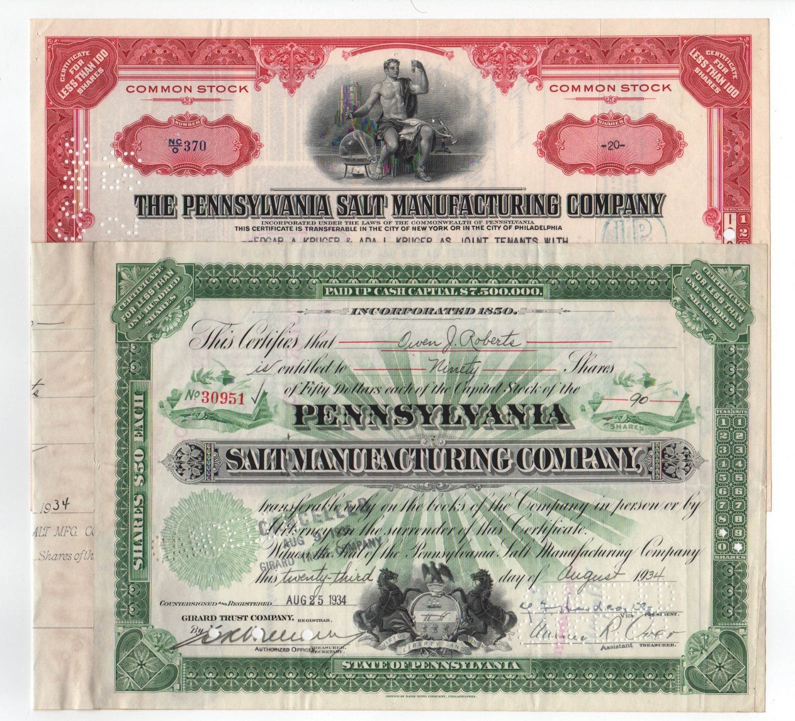 Set of 2 - Pennsylvania Salt Manufacturing Co. Stock Certificates | eBay