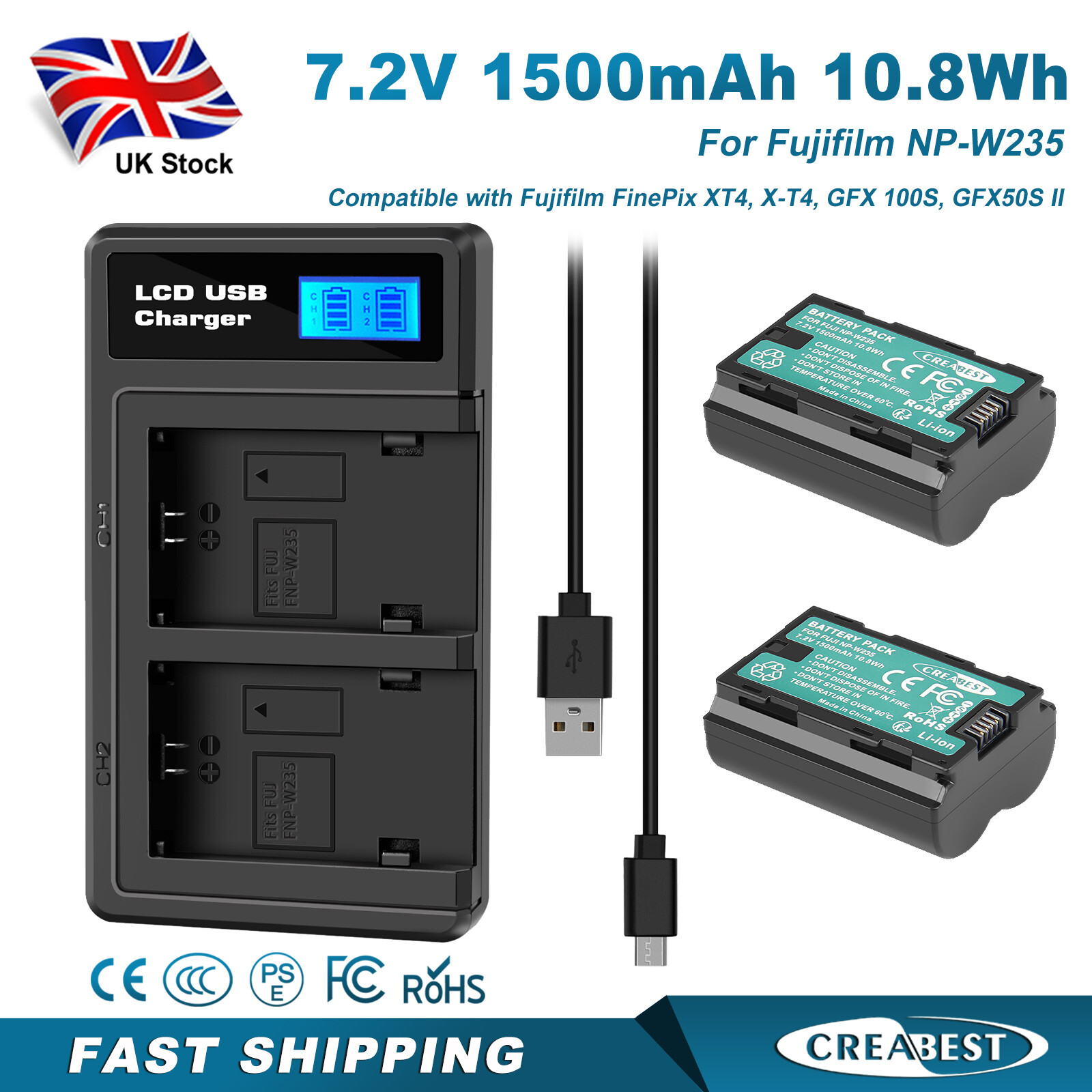 2Pcs NP-W235 Battery+Charger For Fujifilm X-T5 XT5 X-T4 GFX 50S 100S X ...