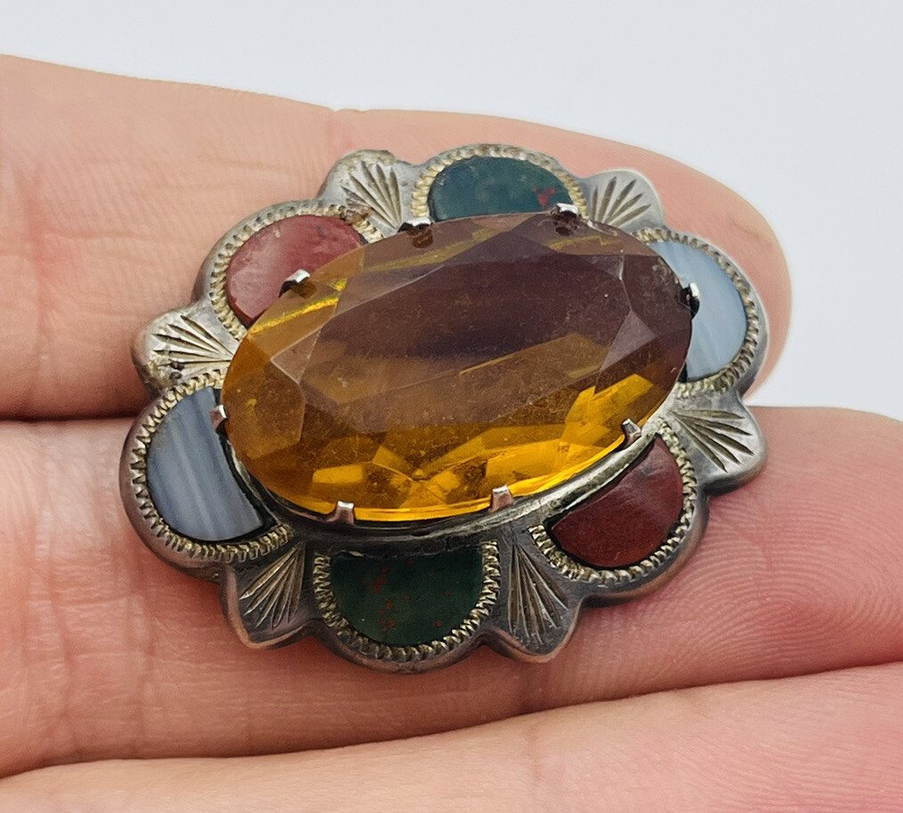 Antique Scottish Victorian Sterling Silver Citrine Bloodstone Agate Pin ...