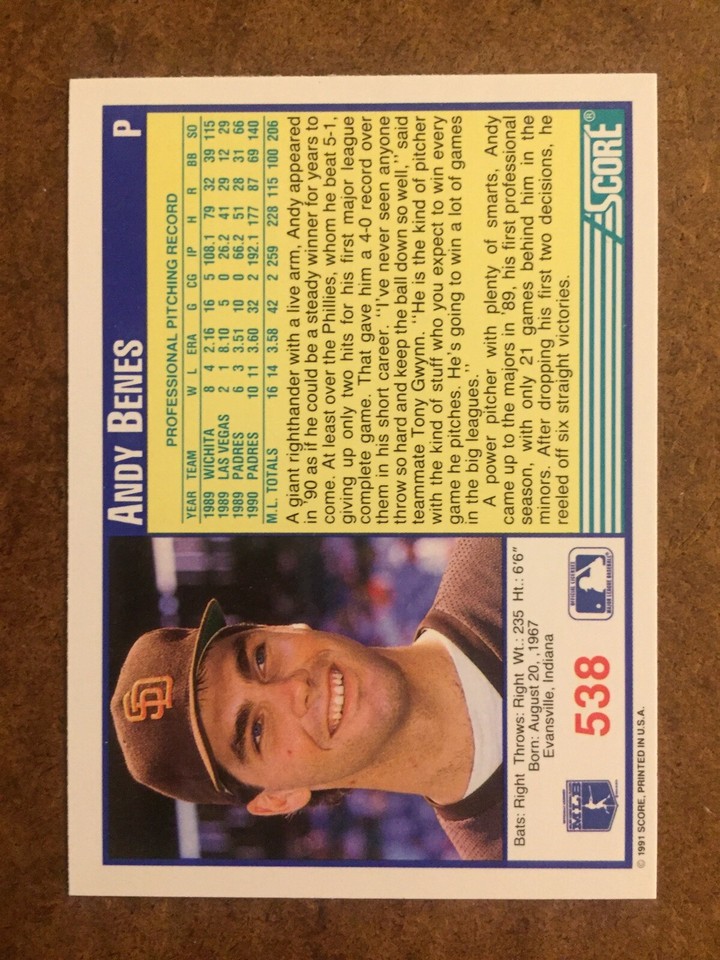 Andy Benes 538 Score 1991 MLB Baseball Trading Card | eBay