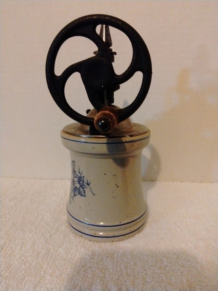 Vintage Blue / White Ceramic Floral Design Hand Crank Wheel Coffee ...