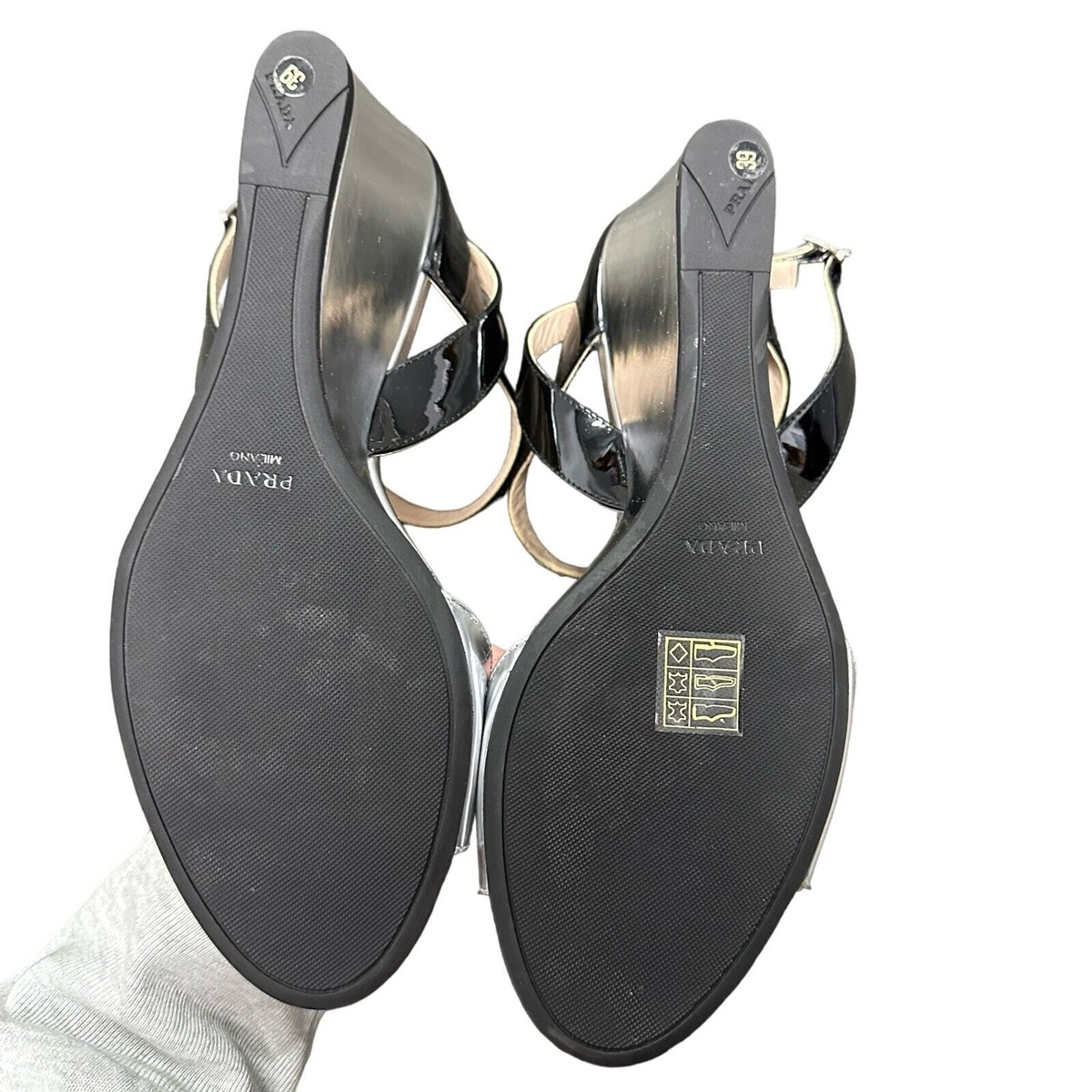 Prada Metallic Silver & Black Slingback Adjustable Wedge Prada Metallic Silver & Black Slingback Adjustable Wedge