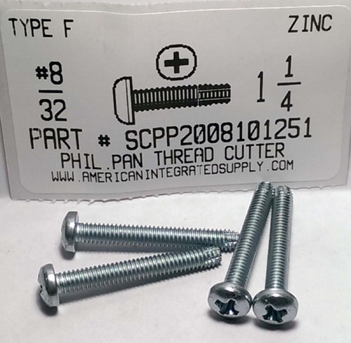 #8-32x1-1/4 Pan Phillips Thread Cutting Screws Type F Steel Zinc Plated ...