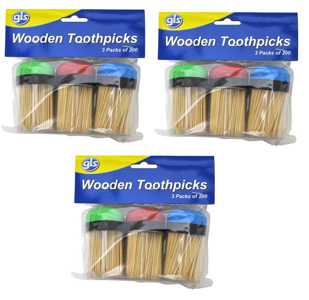 (3)3 Pack of 200 Bamboo Wooden Toothpicks Wood 1800 ct 2.5" Container ...