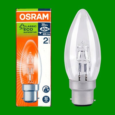 2x 30W Osram Dimmable Halogen Clear Candle Light Bulb BC B22 Bayonet ...