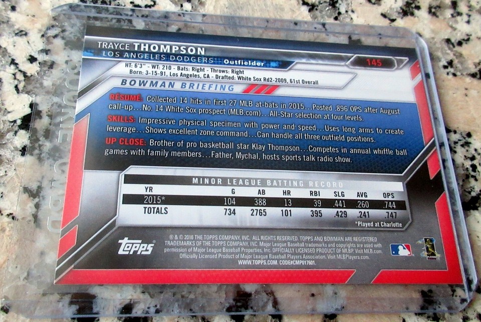 TRAYCE THOMPSON 2016 Bowman Rookie Card RC Logo L.A. Dodgers New York ...