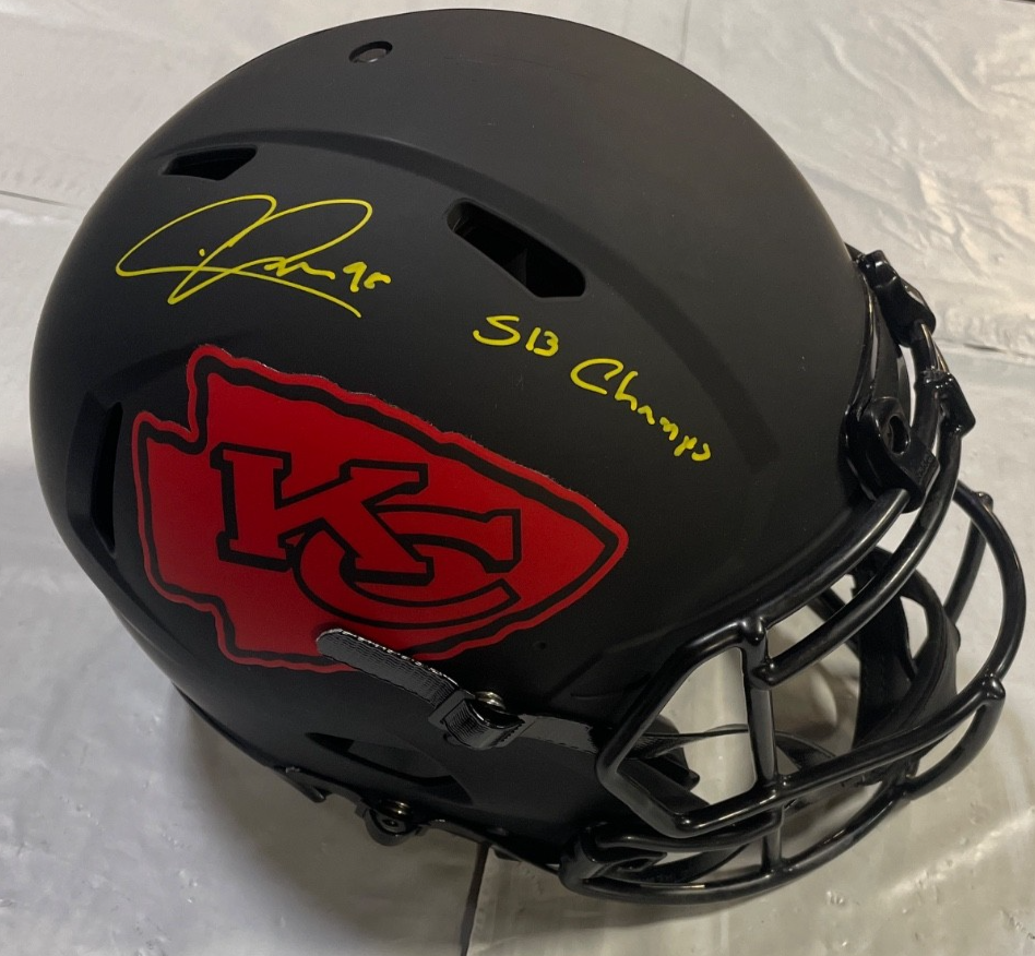 Chris Jones Autographed "SB Champs" Black Riddell Helmet & 8x10 Pic ...