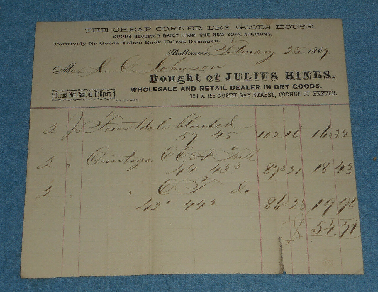 1869 Julius Hines Dry Goods Dealer Baltimore MD Billhead | eBay