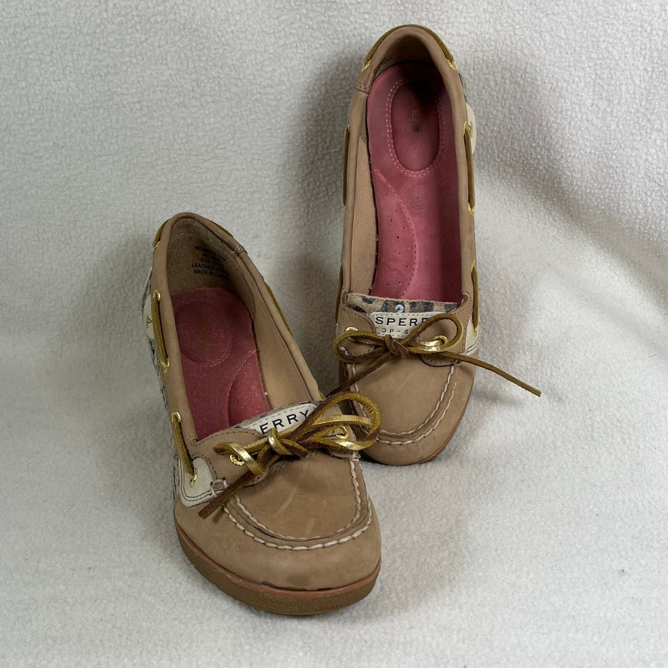 Womens Sperry Goldfish Leopard Sequin Wedge Heels Boat Leather Shoes 7. ...