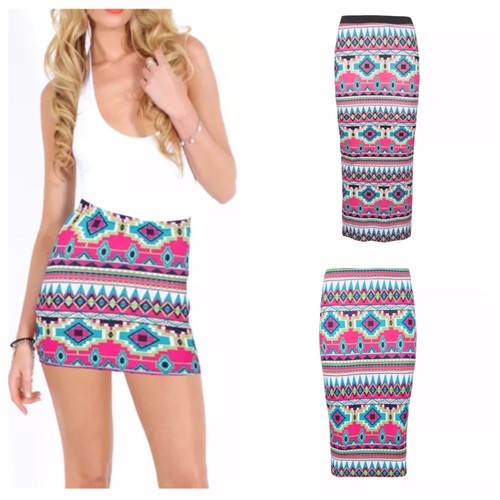 NEW WOMENS LADIES AZTEC TRIBAL PRINT STRETCH MIDI MAXI MINI SKIRT PLUS ...
