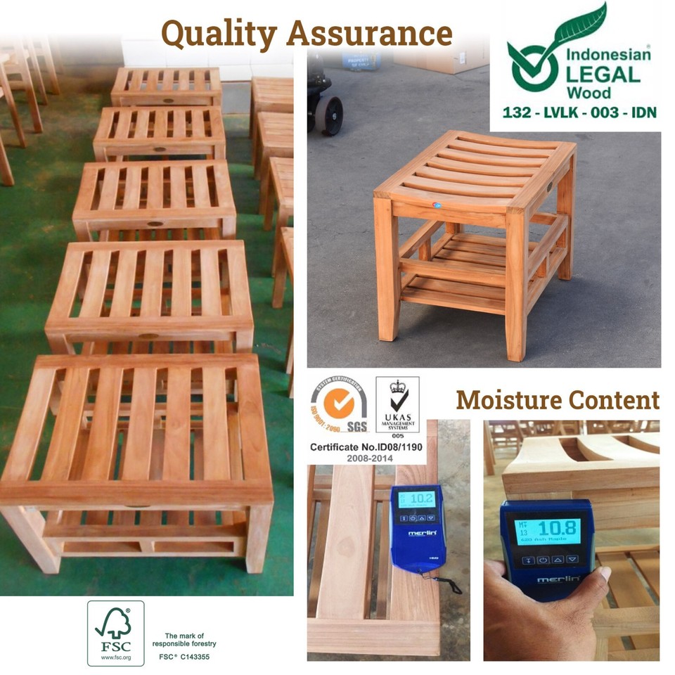 2-Tier Teak Shower Bench Stool with Storage Shelf Shower Bath Seat for ...