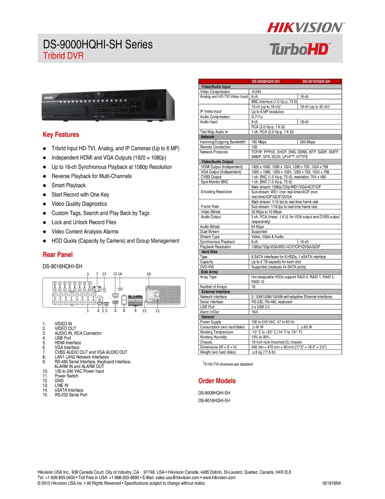 Hikvision DS-9008HQHI-SH-8T Tribrid 8CH Analog & Up to 18CH IP 6MP DVR ...