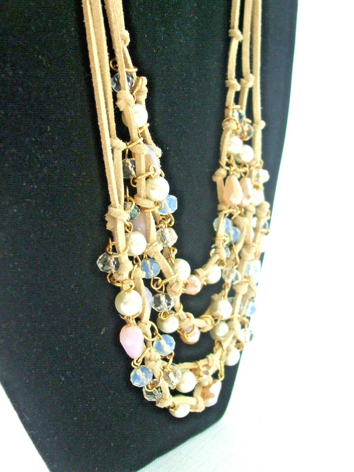 4 Strands Necklace Tan Leather Strings Beaded w Light Stones Gold Tone ...