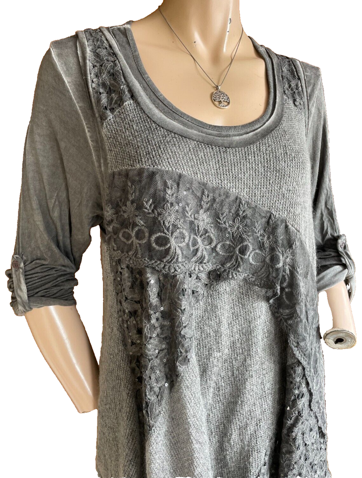 Goose Island ~ Bohemian Grey Layered Lace Knit 3/4 Sleeve Floaty Tunic ...