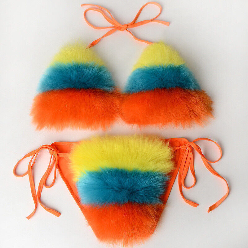 Fox Fur Swimsuit Beach Bikini Sexy Split Fur Bikini Set Micro Bra G ...