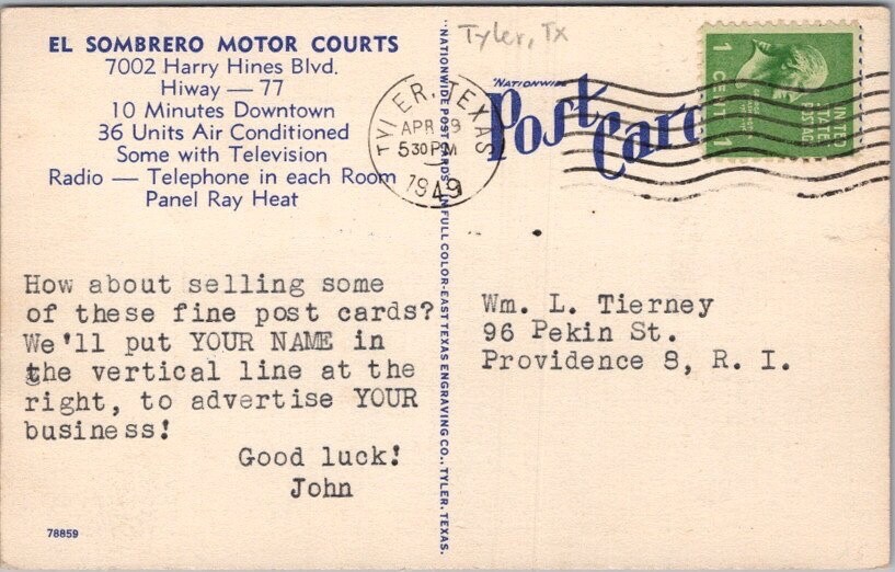 Vintage TYLER, Texas LINEN Postcard "EL SOMBRERO MOTOR COURTS" / 1949 ...