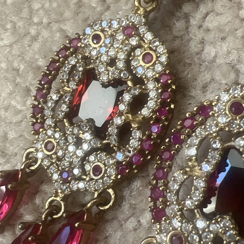 Turkish Sterling Silver and Bronze CZ And Red Stone Dangle Earrings | eBay