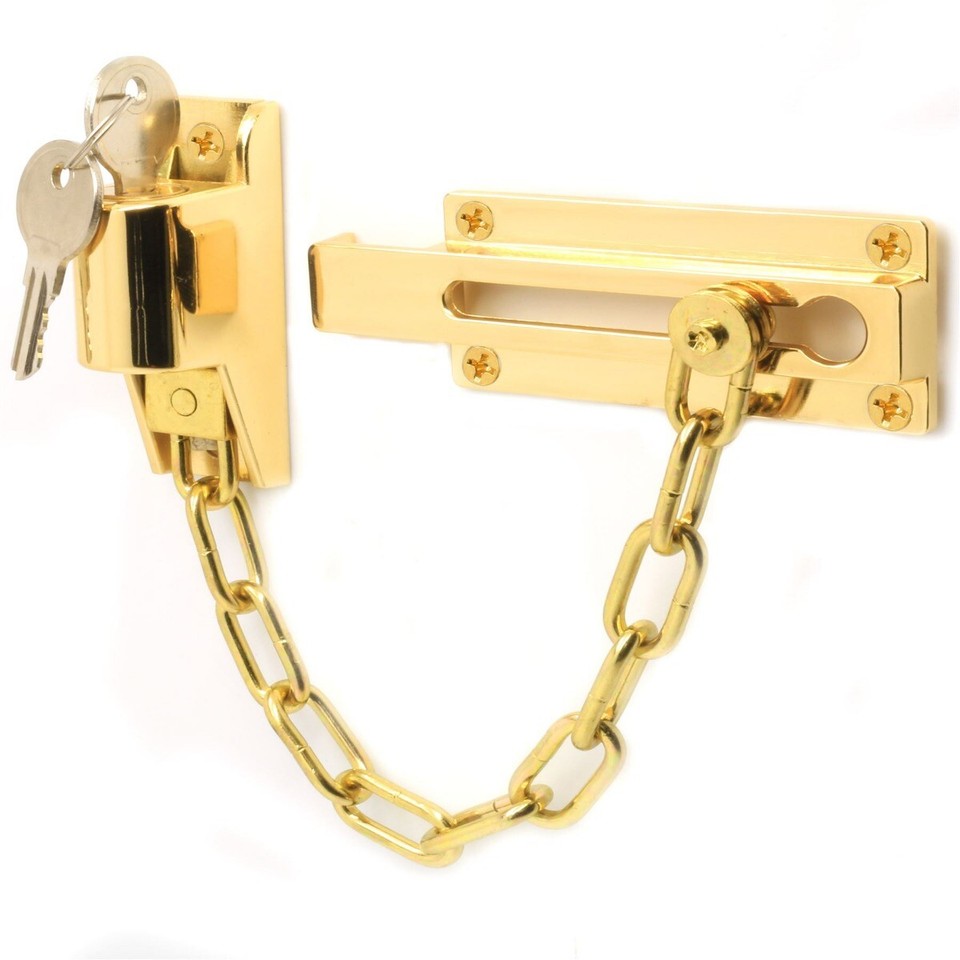 HEAVY DUTY BRASS LOCKING DOOR CHAIN & SCREWS Home Safety Guard Gold ...