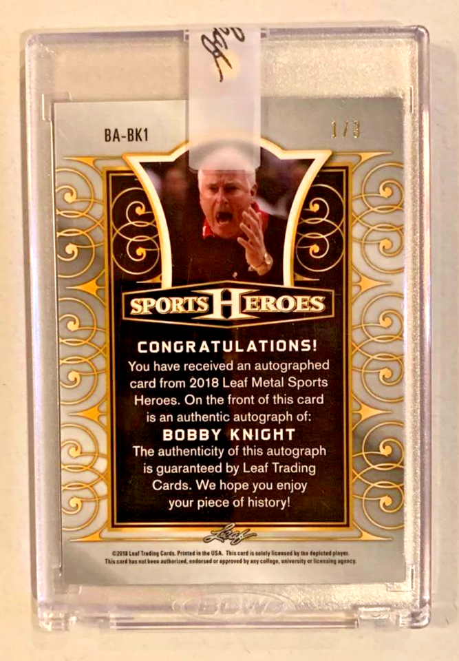 BOBBY KNIGHT Indiana 2018 Leaf Sports Heroes AUTOGRAPH BA-BK1 #'d 1/3 ...