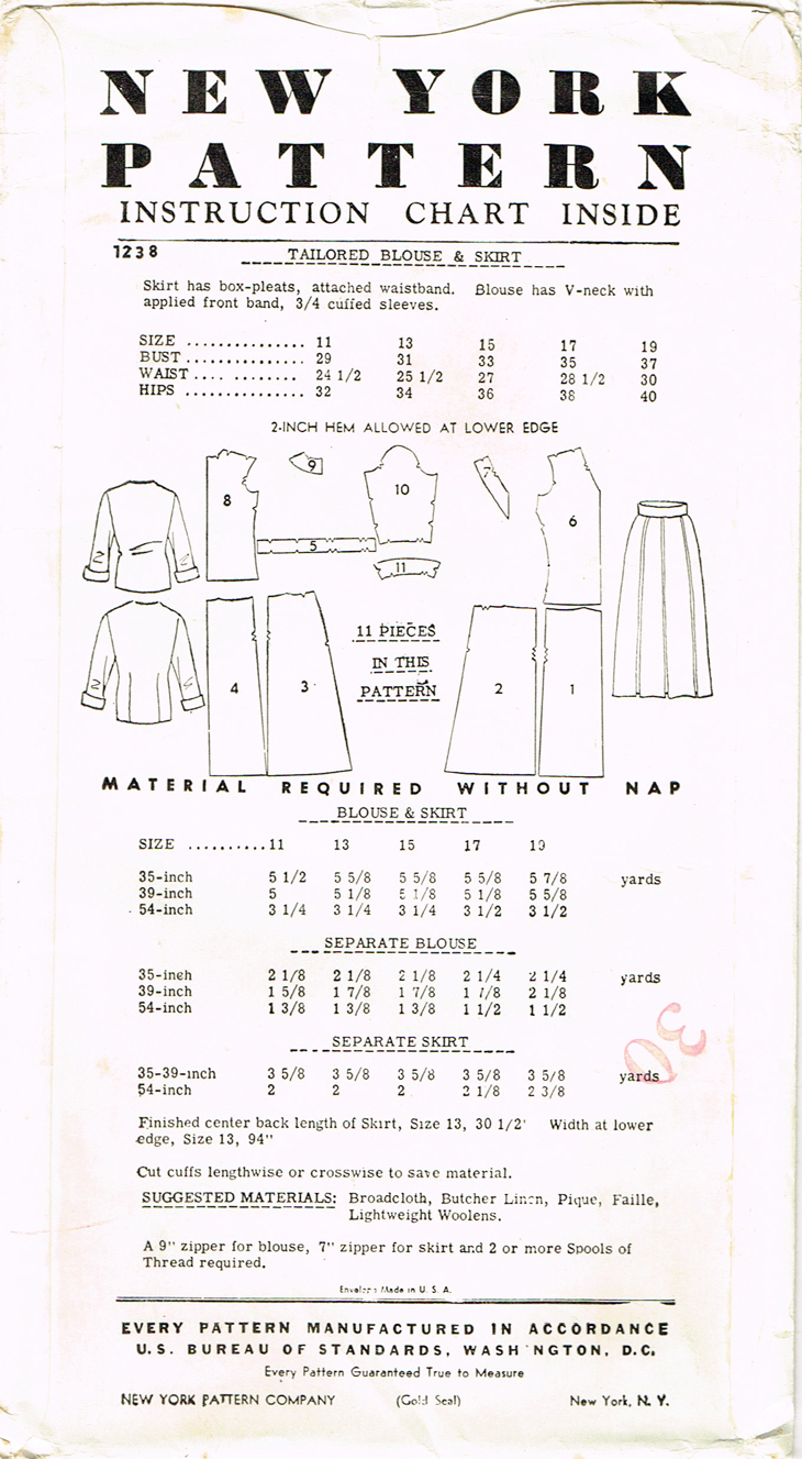 1950s Vintage New York Sewing Pattern 1238 Uncut Misses Skirt & Blouse ...