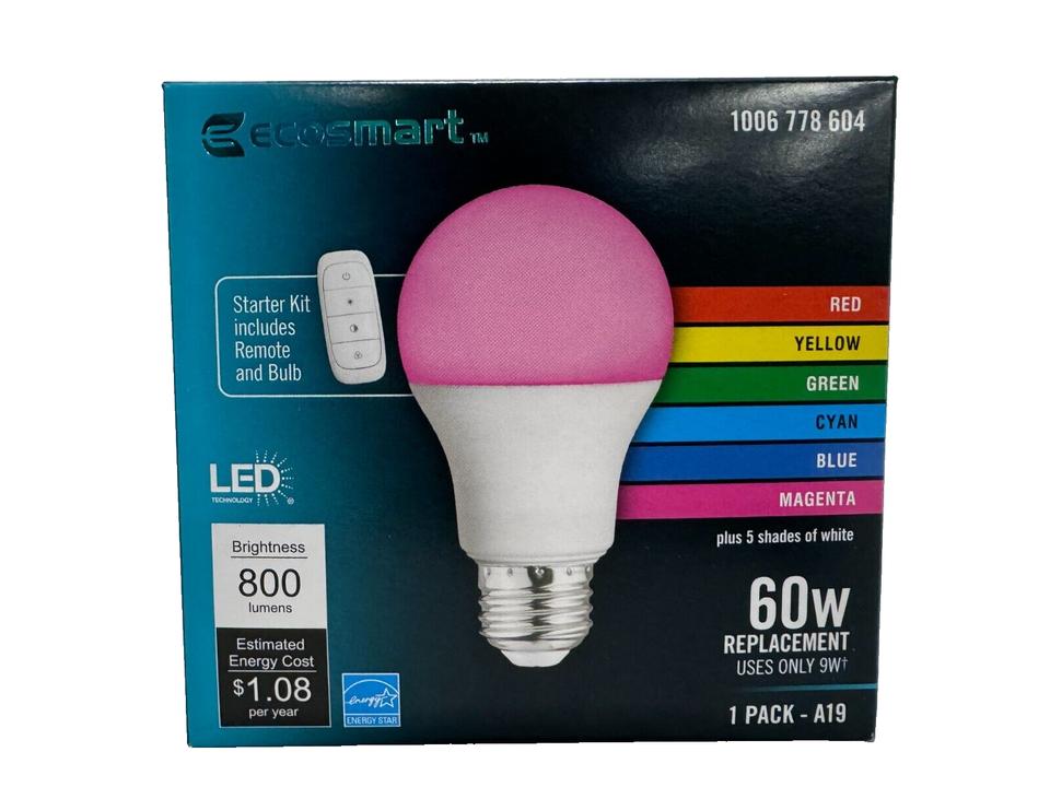 Ecosmart 60W LED Bulb, Color Changing A19 with Remote | eBay