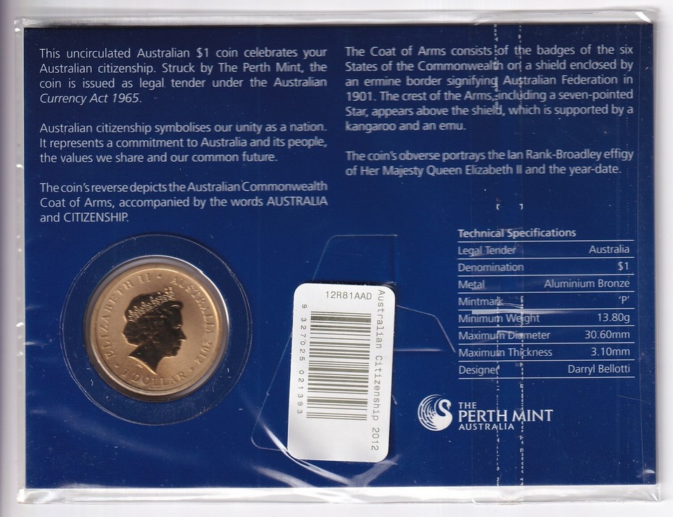 AUSTRALIAN: 2012 $1 AUSTRALIAN CITIZENSHIP P MINTMARK COIN #M1968 | eBay