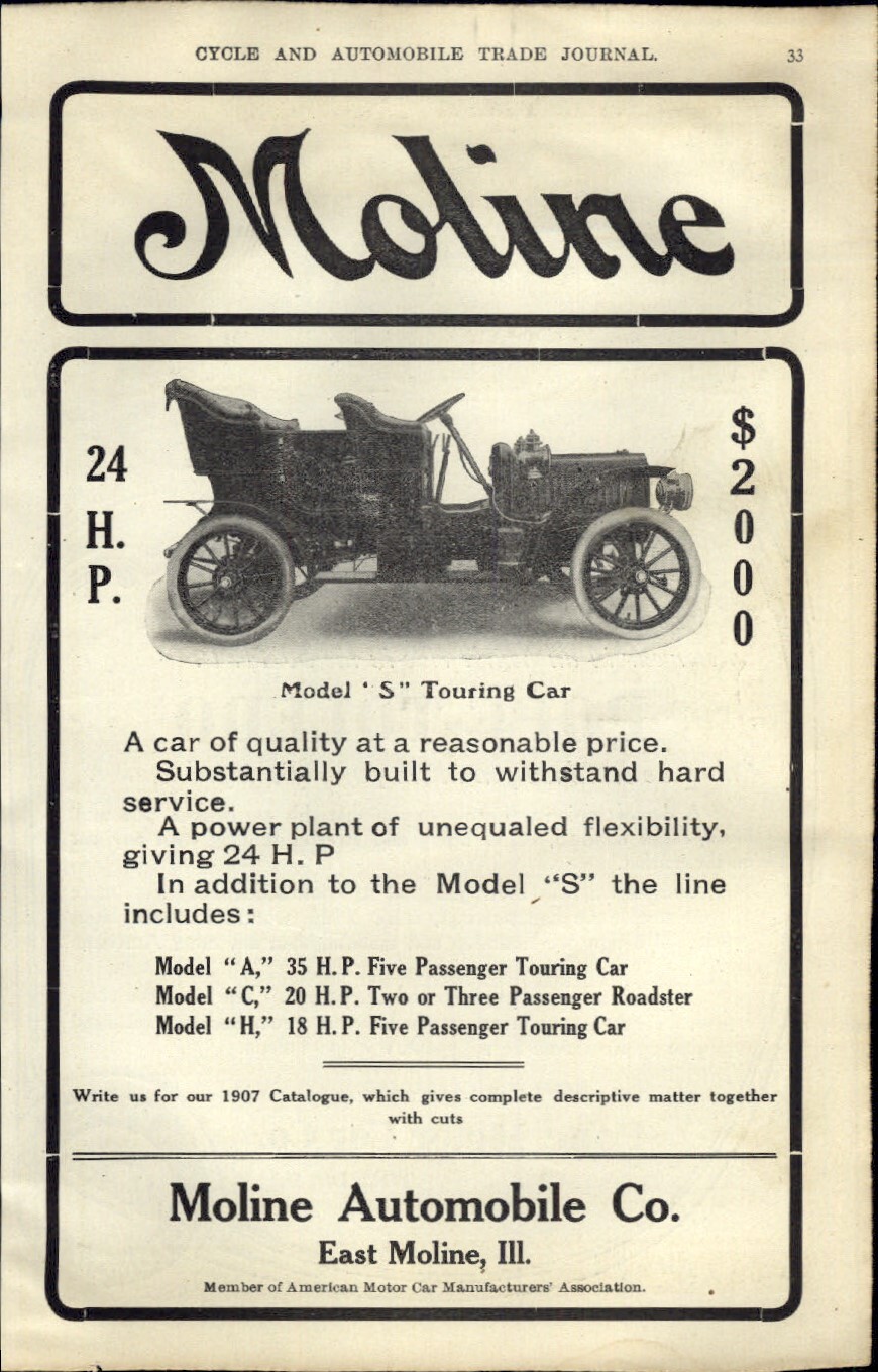 1907 PAPER AD CAR AUTO Moline Automobile Model S Touring Pope Toledo ...