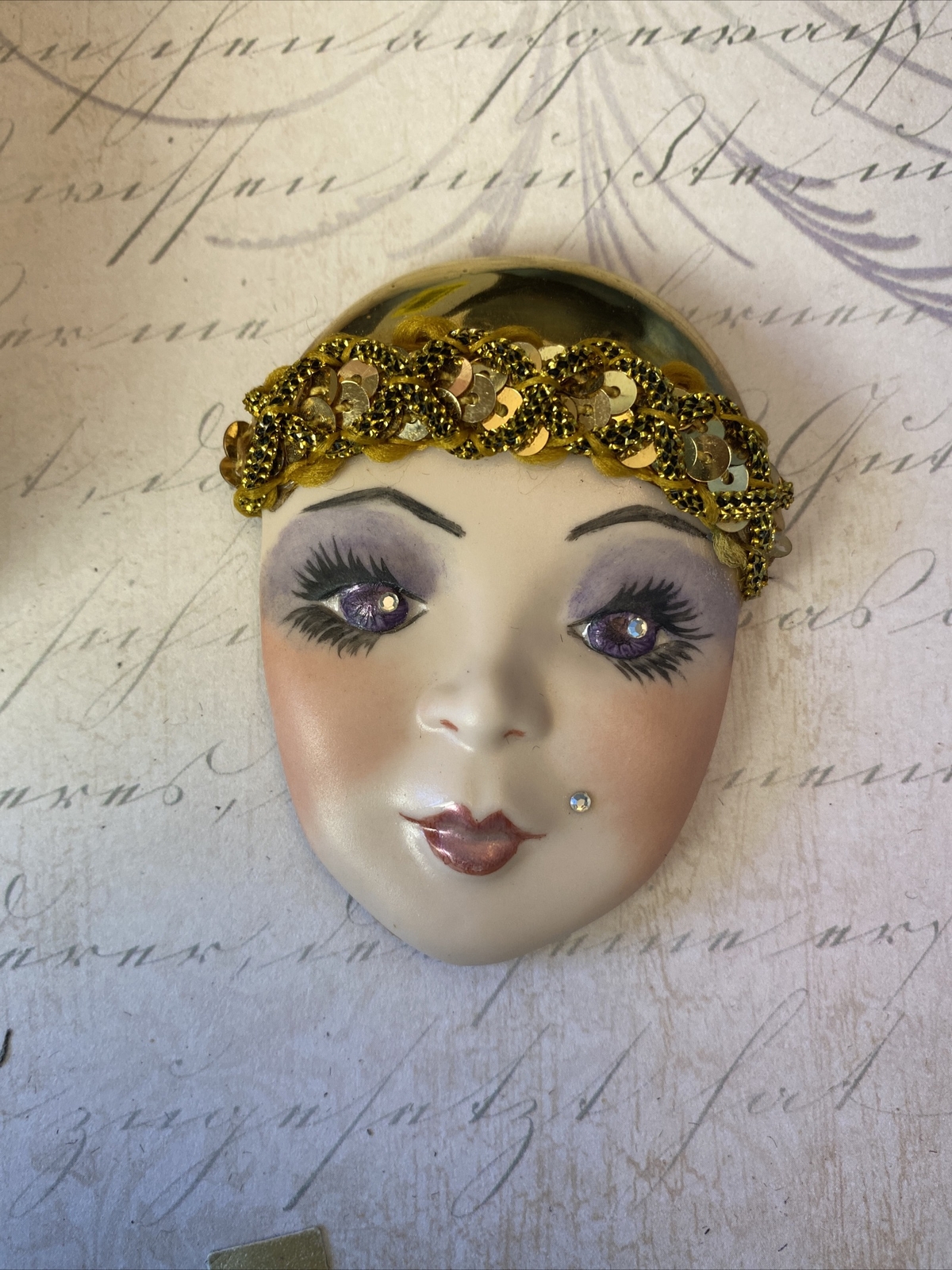 2.5” Hand Painted Signed Flapper Face Art Deco Brooch… - Gem
