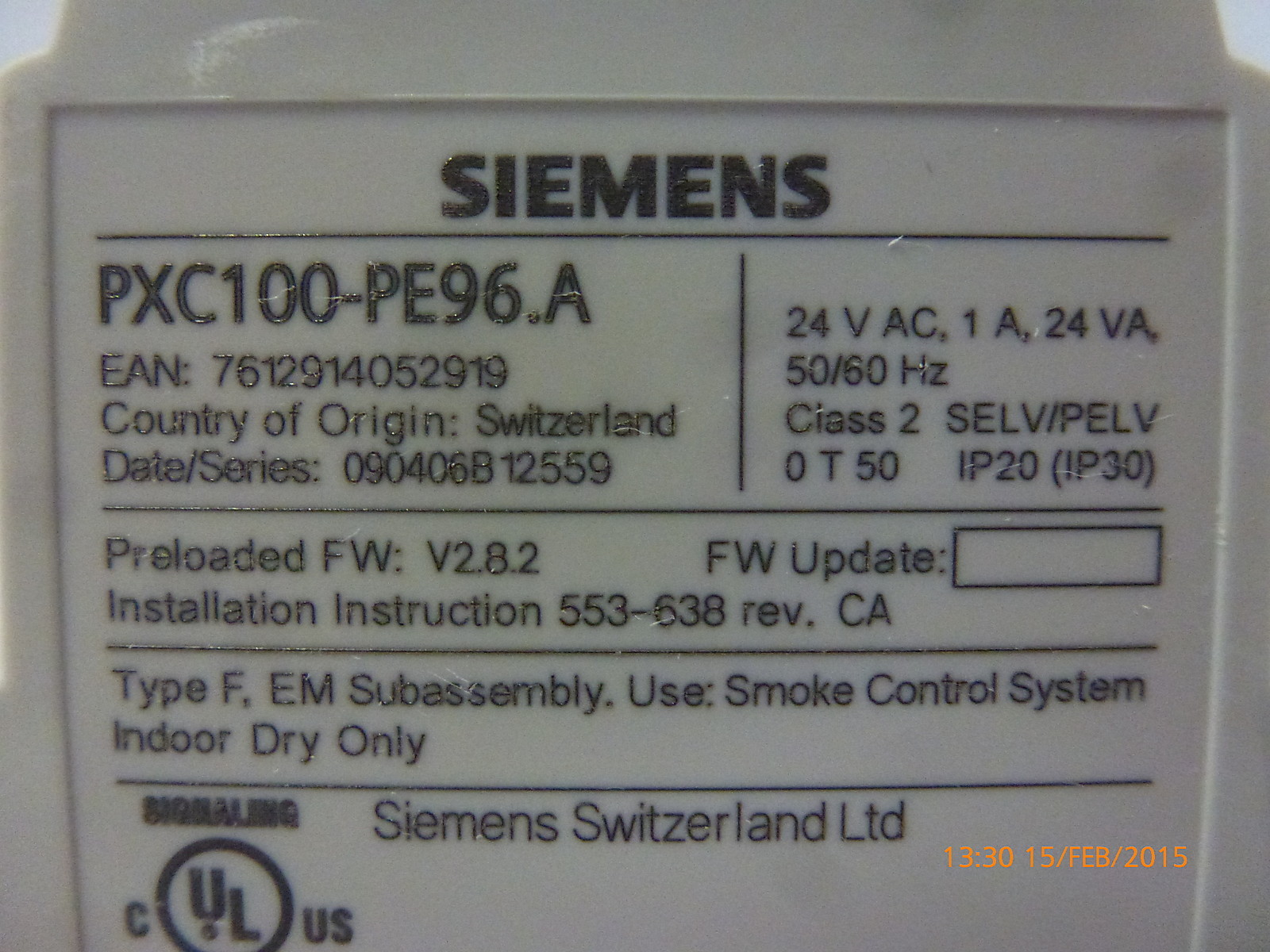 Siemens PXC100-PE96.A Controller 24VAC 1A 24VA 50/60Hz Firmware-V2.8.2 ...