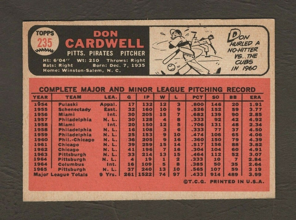 1966 Topps Baseball Card #235 Don Cardwell – Pittsburgh Pirates | eBay