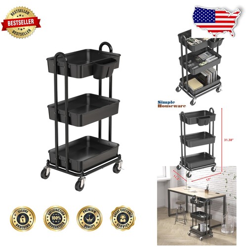 Sturdy 3-Tier Black Rolling Utility Cart with Hanging Bucket for Home ...