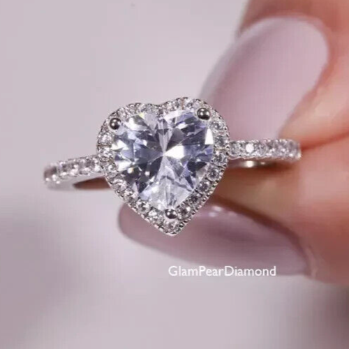Solid 14K White Gold 1.5 Ct Heart Cut Moissanite Halo Engagement Ring ...