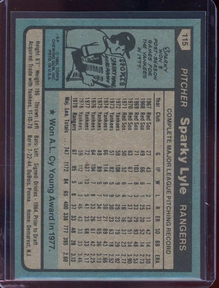 1980 Topps Sparky Lyle # 115 NM-MT PACK FRESH Texas Rangers | eBay