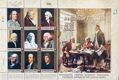 MARSHALL ISLANDS BENJAMIN FRANKLIN STAMPS SHEET OF 9 MNH 2006 FOUNDING ...
