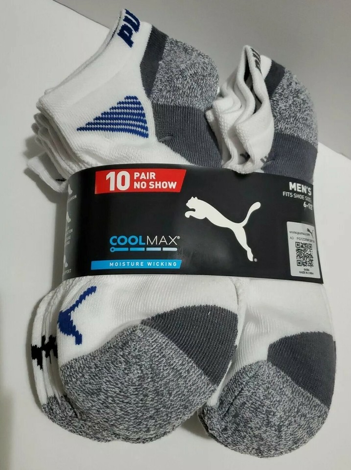 10 PAIR PUMA MEN'S NO SHOW SOCK - FITS SHOE SZ 6-12 COOLMAX MOISTURE ...