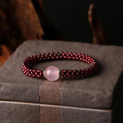 Natural Rose Quartz Garnet Beaded Bracelet Red Gemstone Bracelet for ...