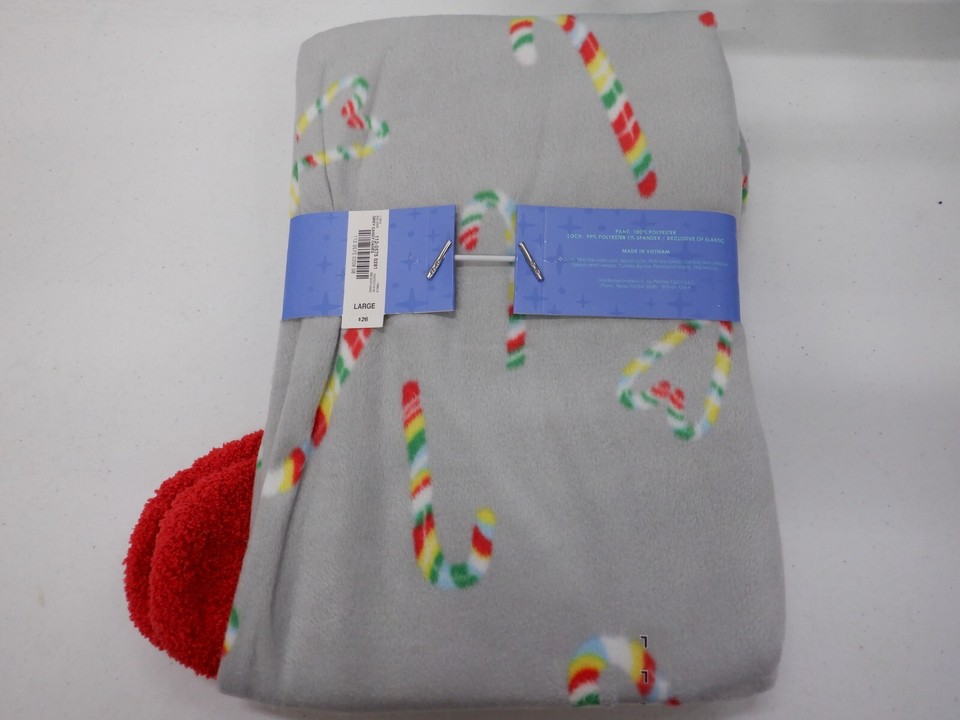 WOMENS LARGE GRAY CANDY CANES FLEECE SLEEP PANTS AND COZY SOCKS NEW ...