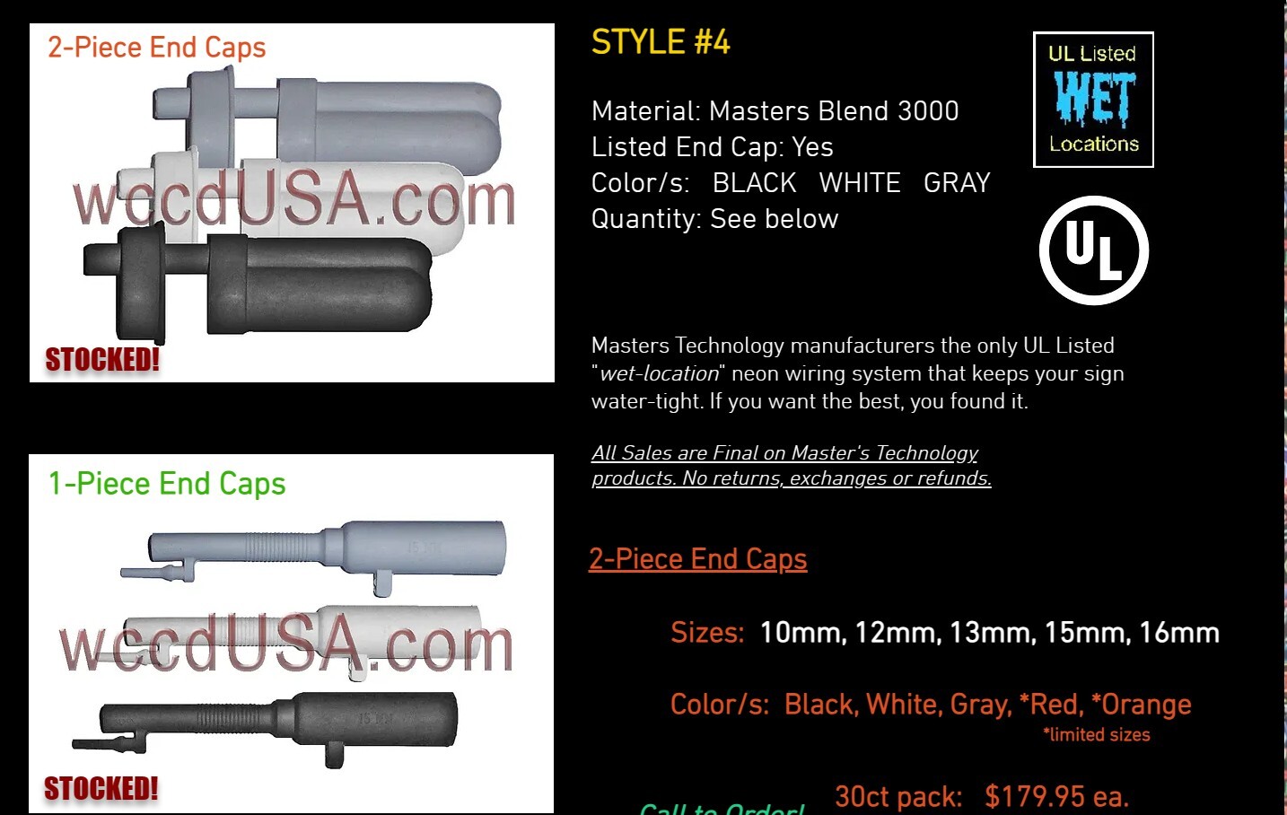 15mm Two-Piece Neon Splice End Caps (Black)-used, Made in USA, WCCDUSA ...