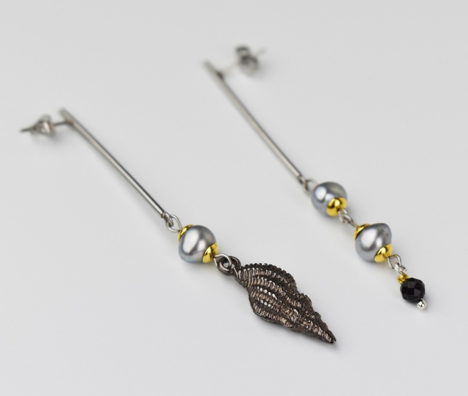 Auger seashell drop earrings, accent gray pearl mismatched earrings ...