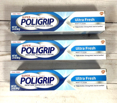 Poligrip Ultra Fresh Minty Flavor Denture Adhesive Cream 2.4oz (3 Pack ...