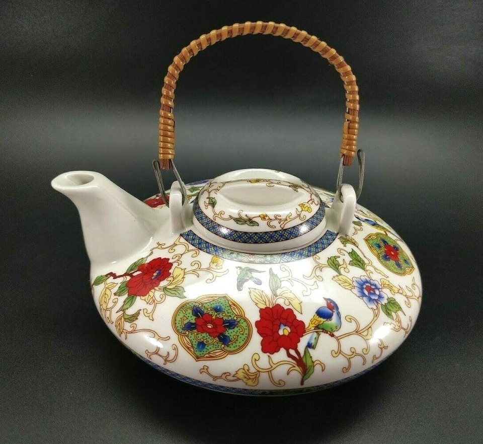 Japanese Ceramic Teapot Retro Blue Red Flowers Peony Macaw Parrot Bird ...