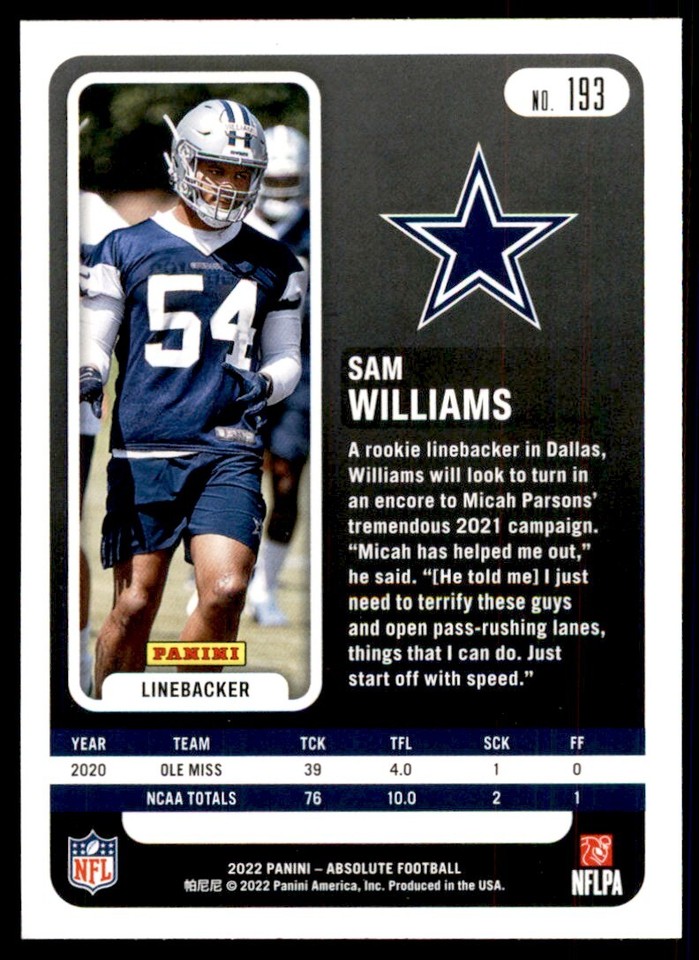 2022 PANINI ABSOLUTE SAM WILLIAMS ROOKIE DALLAS COWBOYS #193. | eBay