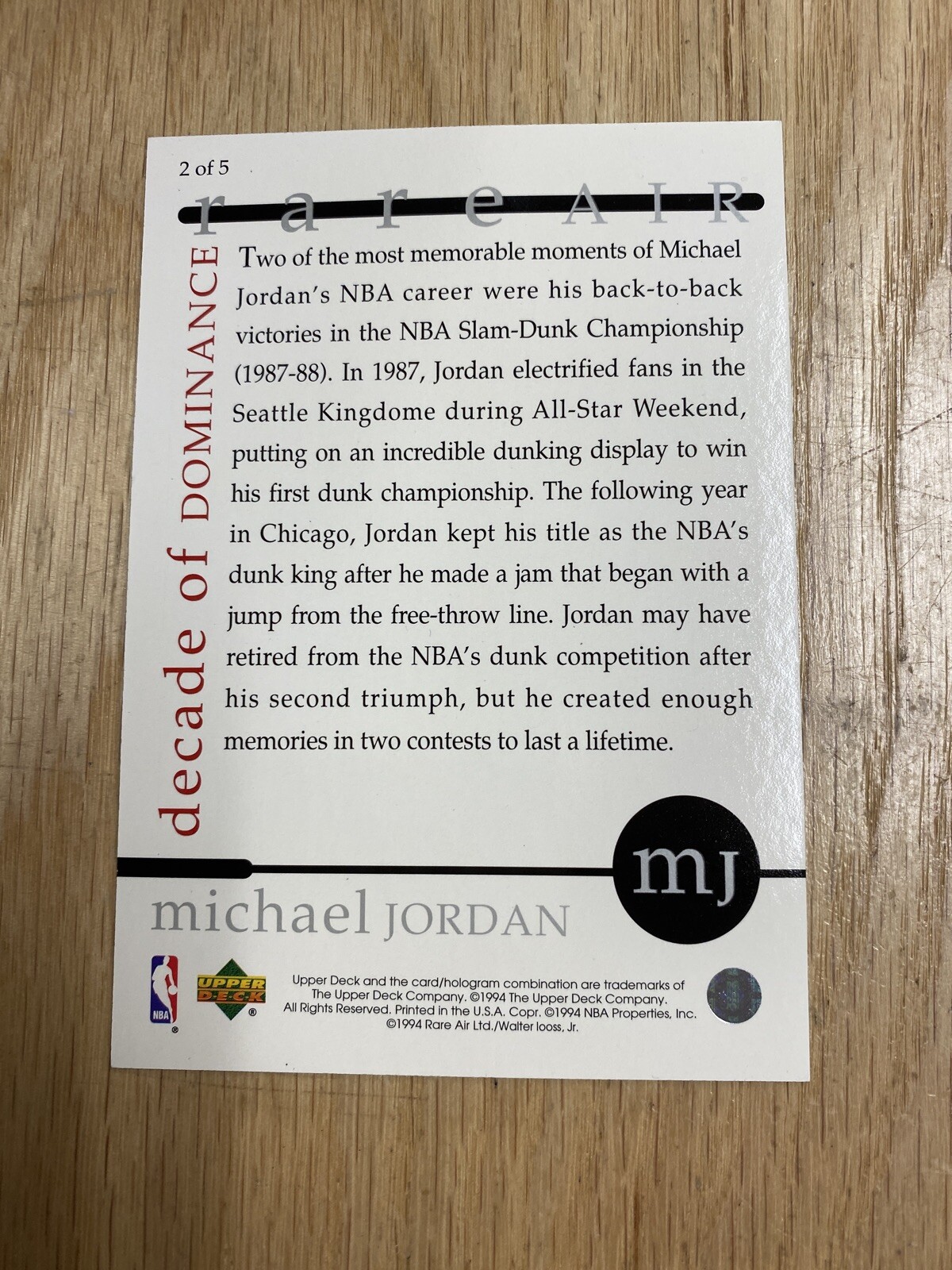 1994 Upper Deck Michael Jordan Decade Of Dominance Big Card #2 3.5x5 ...